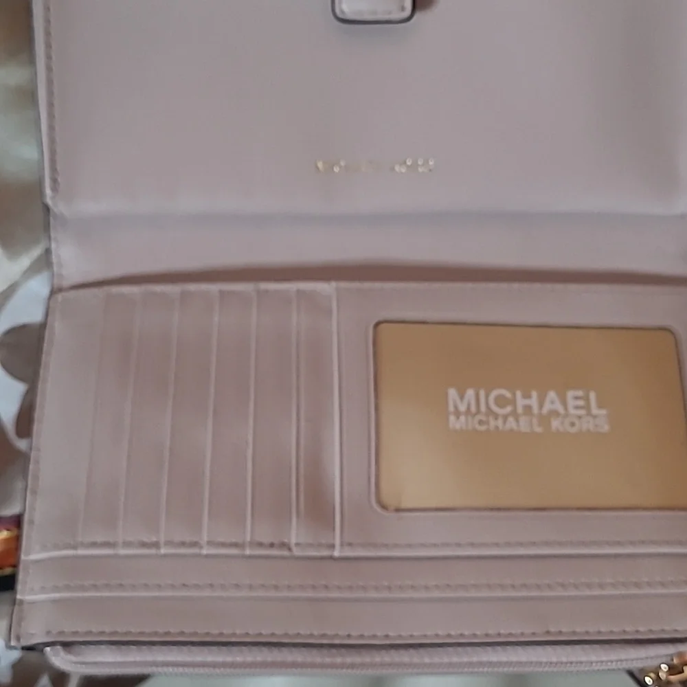 Michael Kors | Bags | Michael Kors Pale Pink Leather Wallet With Gold ...